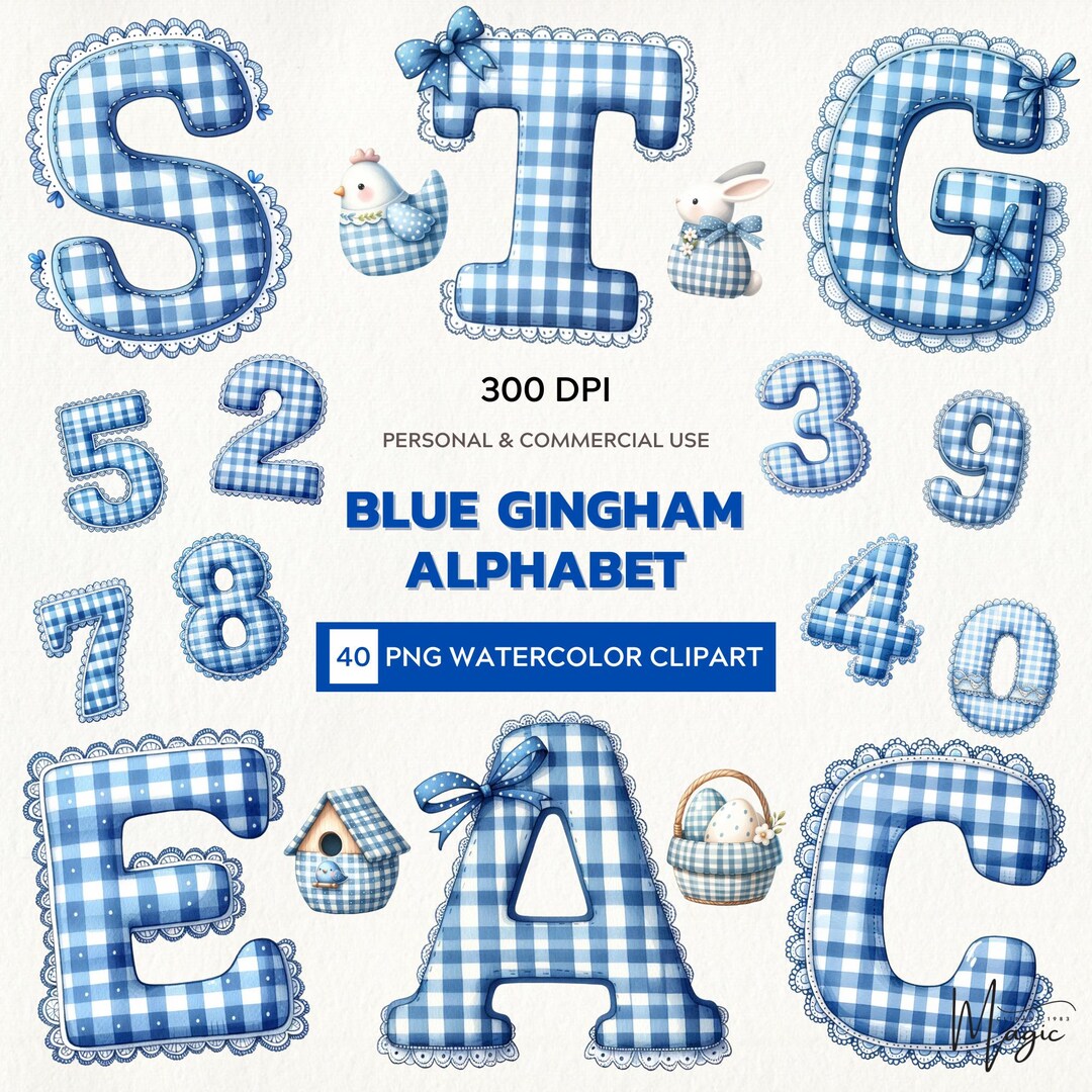 Blue Gingham Alphabet Watercolor Clipart, Blue Gingham Alphabet PNG ...