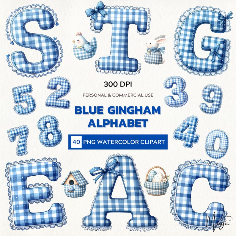 Blue Gingham Alphabet Watercolor Clipart, Blue Gingham Alphabet PNG ...