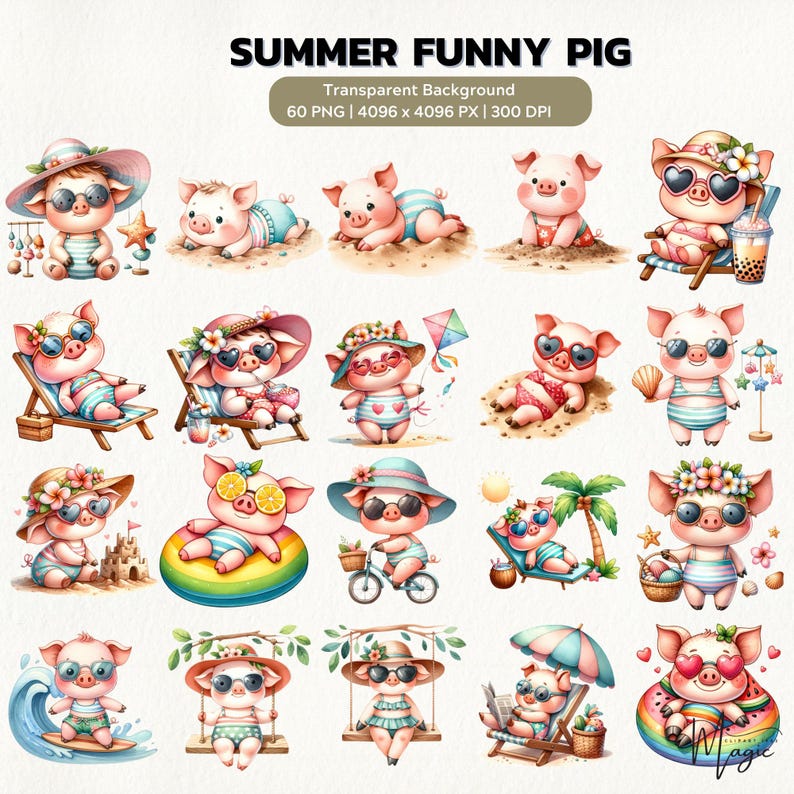 Watercolor Summer Pig Clipart | Cute Beach Pig PNG Bundle | Tropical ...