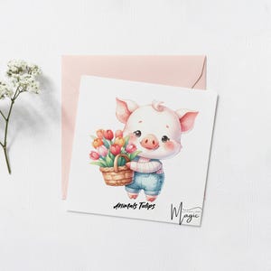 Cute Animals Tulip Watercolor Clipart, Animal With Tulip Bouquet, Tulip ...