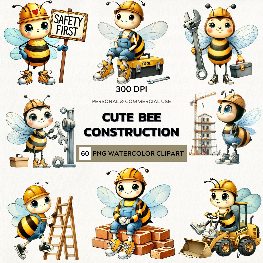 Cute Bee Construction Watercolor Clipart, Cute Bee Builder, Bee With Helmet, Bee Lover ...