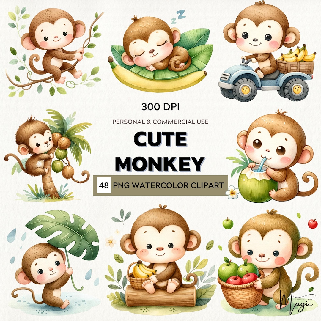 Jungle Baby Monkeys – Watercolor Clipart Set for Baby Shower & Nursery ...