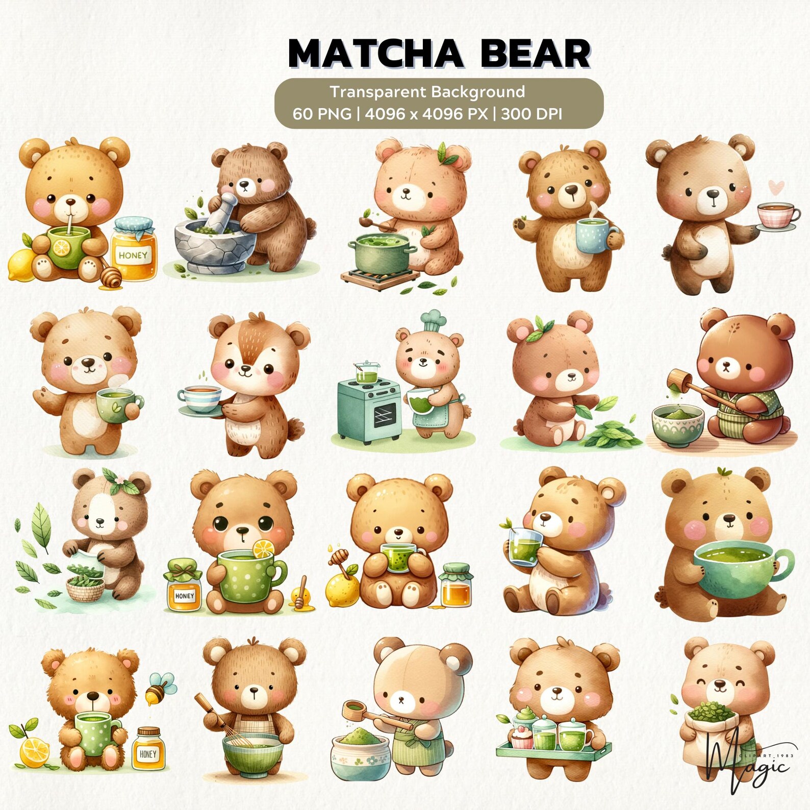 Calm & Cozy – Watercolor Clipart Set of Matcha Bears - Etsy