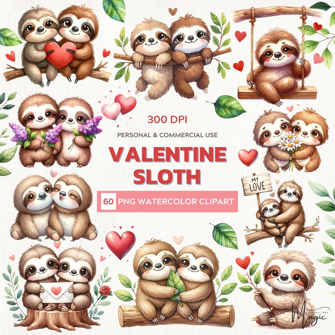Cute Valentine Sloth Watercolor Clipart, Cute Sloth PNG, Valentine ...