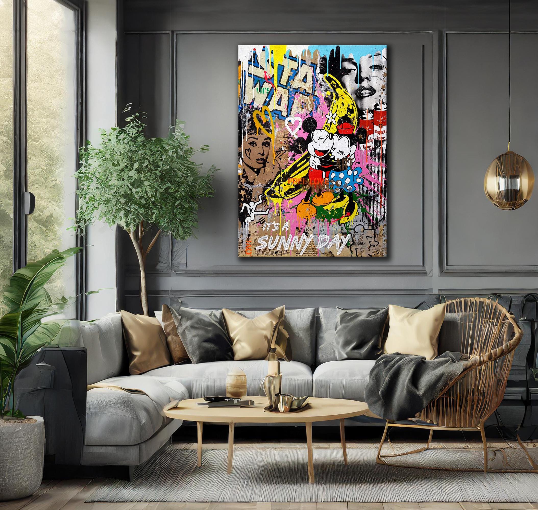 Mickey and Minnie Mouse Banana Pop Art Canvas, Fun Graffiti Decor ...