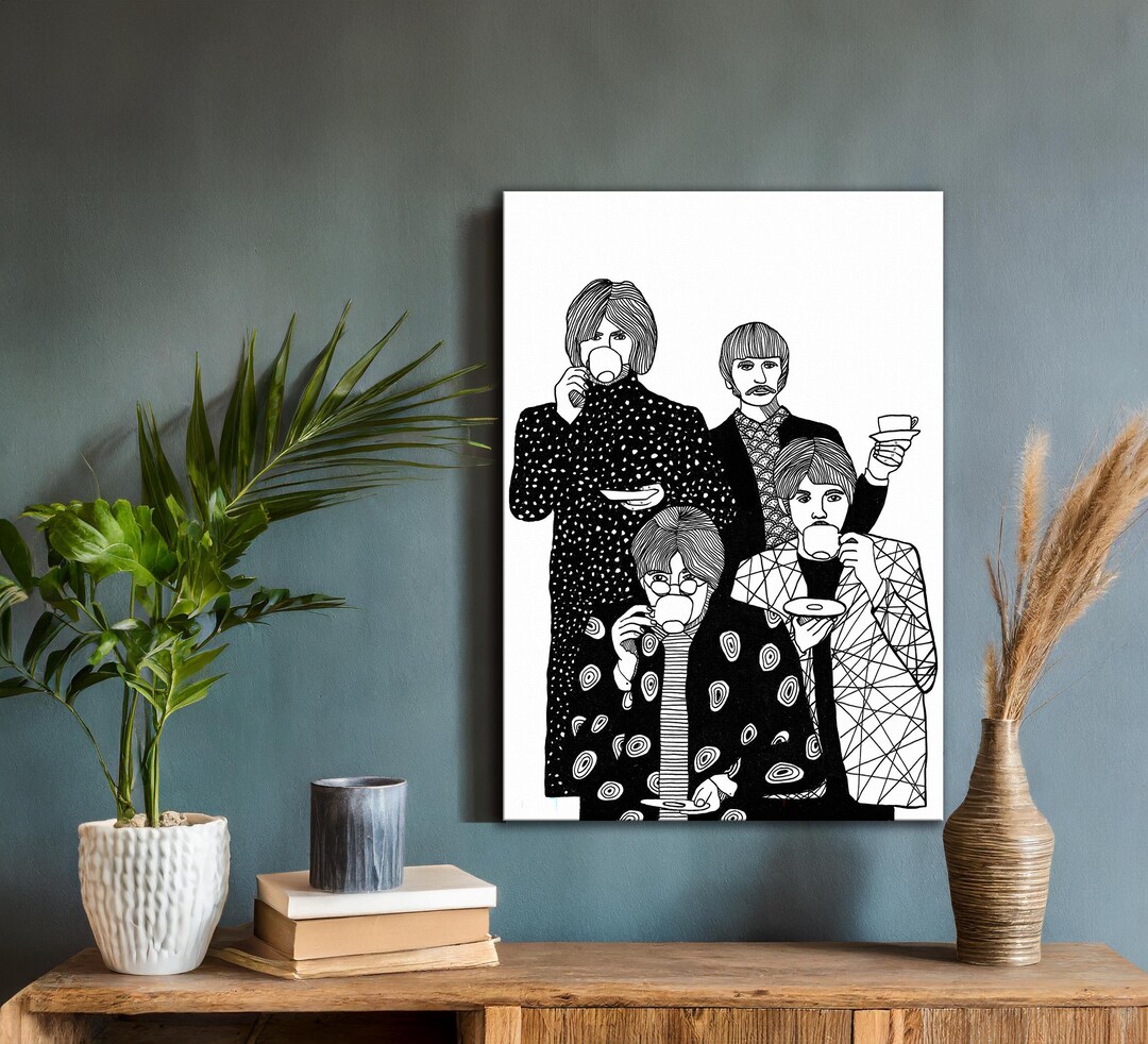 Beatles Line Drawing Canvas Art: the Beatles Drinking Tea Print, Black ...