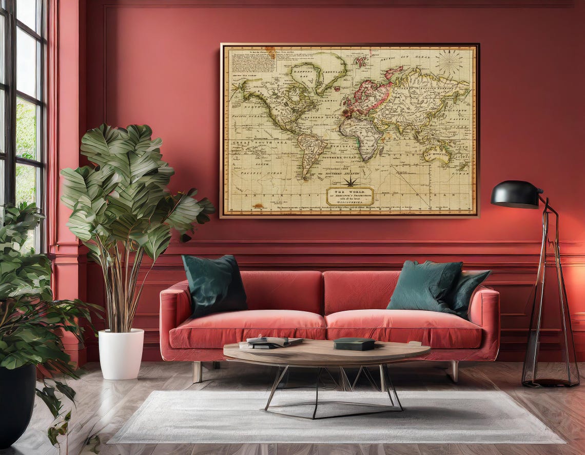 1898 Vintage World Map Print, Mercator Projection Sepia Atlas, Antique ...