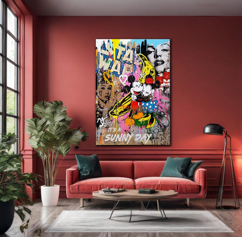 Mickey and Minnie Mouse Banana Pop Art Canvas, Fun Graffiti Decor ...