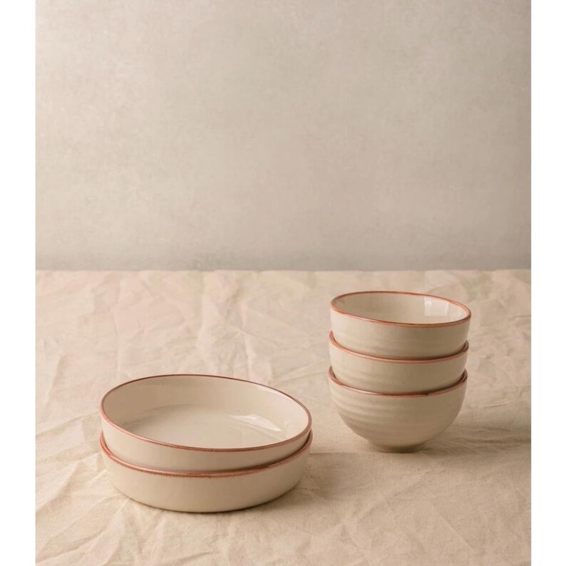 Premium Glazed Ceramic Rice Bowl and Condiment Plate Set White With ...