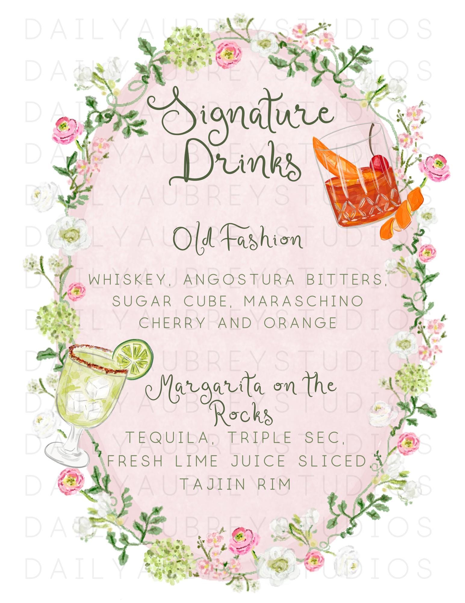 Custom Watercolor Drinks Sign, Signature Cocktail Watercolor Art Print ...