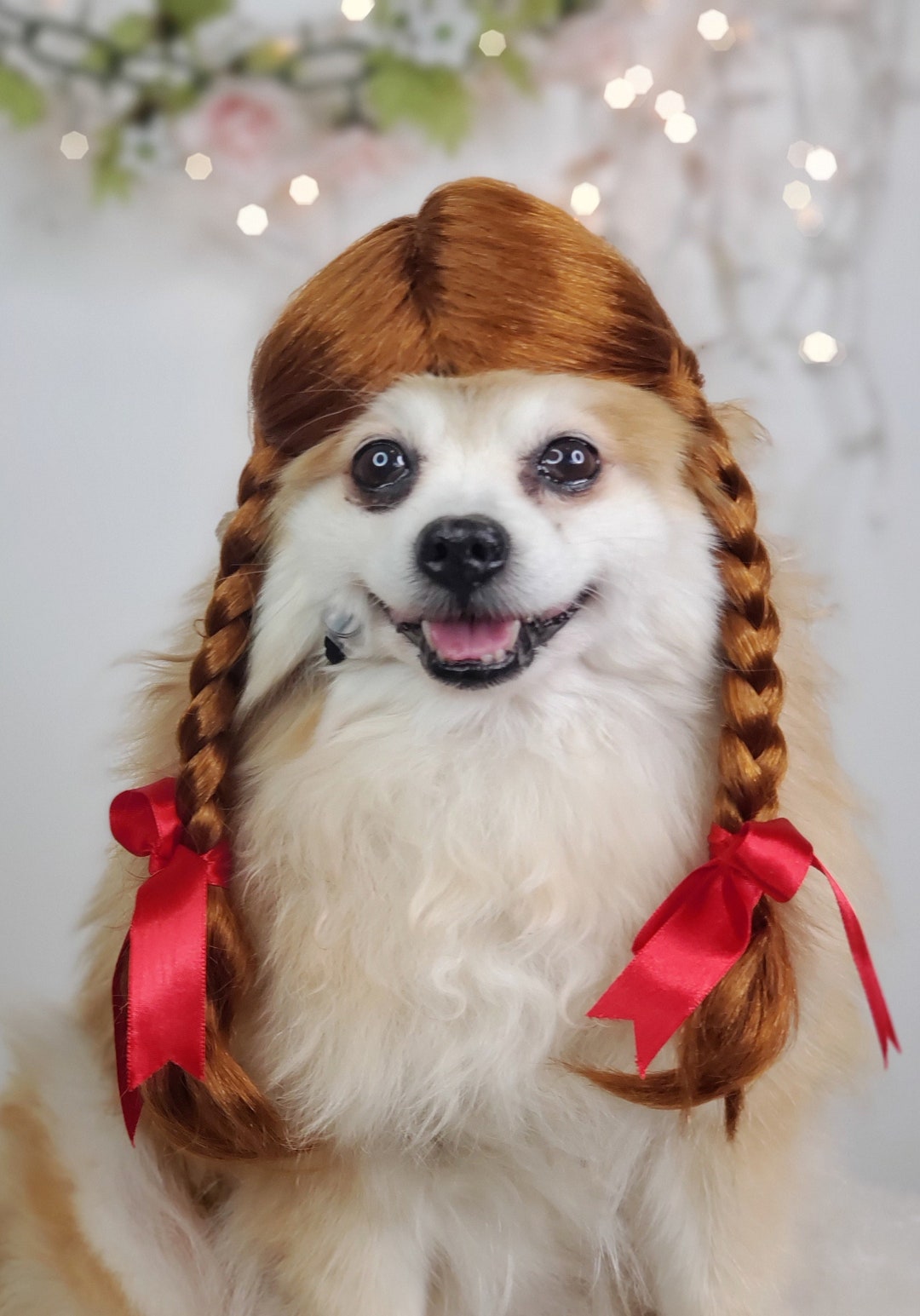 Braided Pet Wig With Red Bows, Dog or Cat Halloween Costume - Etsy