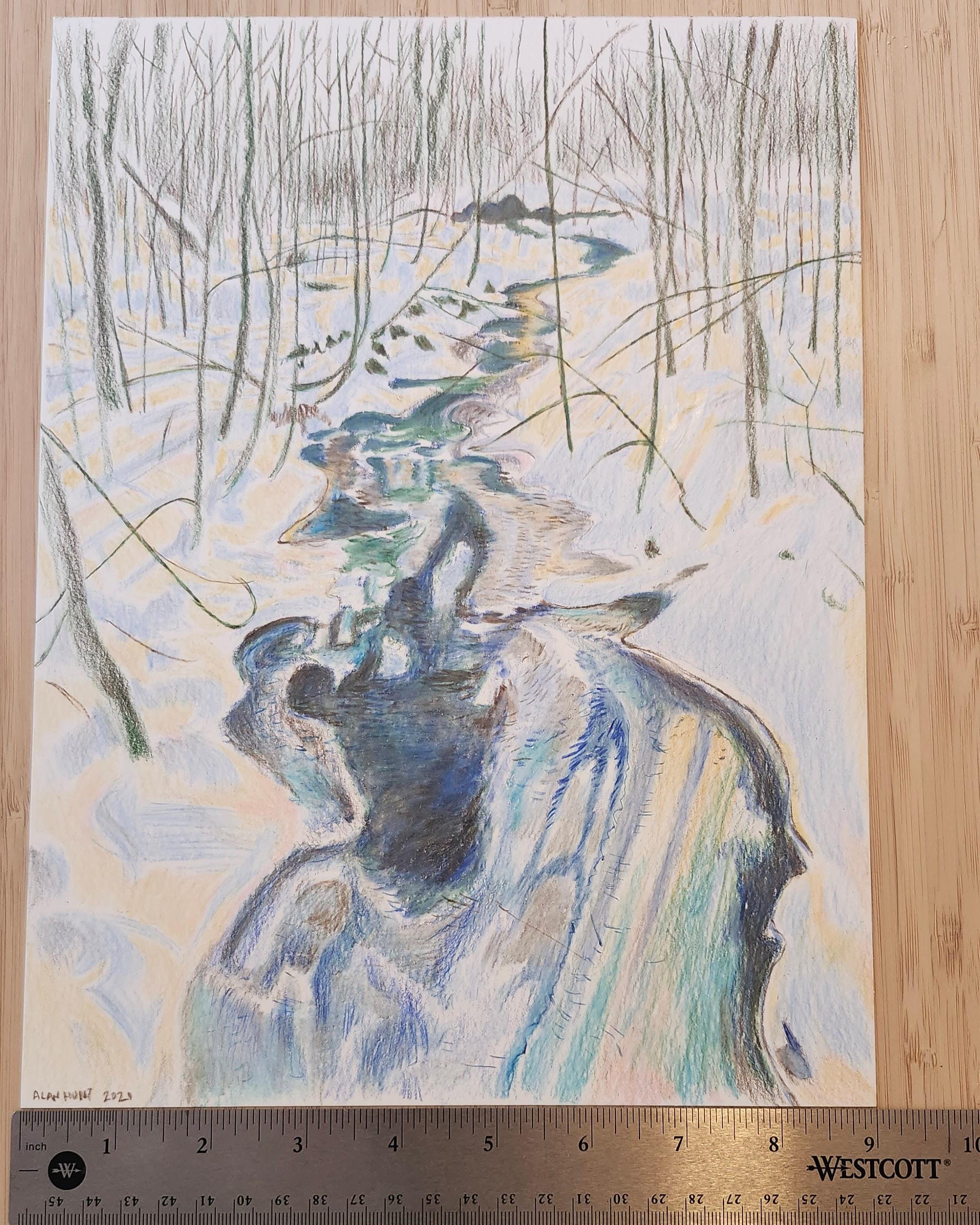 Original Pencil Crayon Art - Partially Frozen Winter Creek in Snowy ...