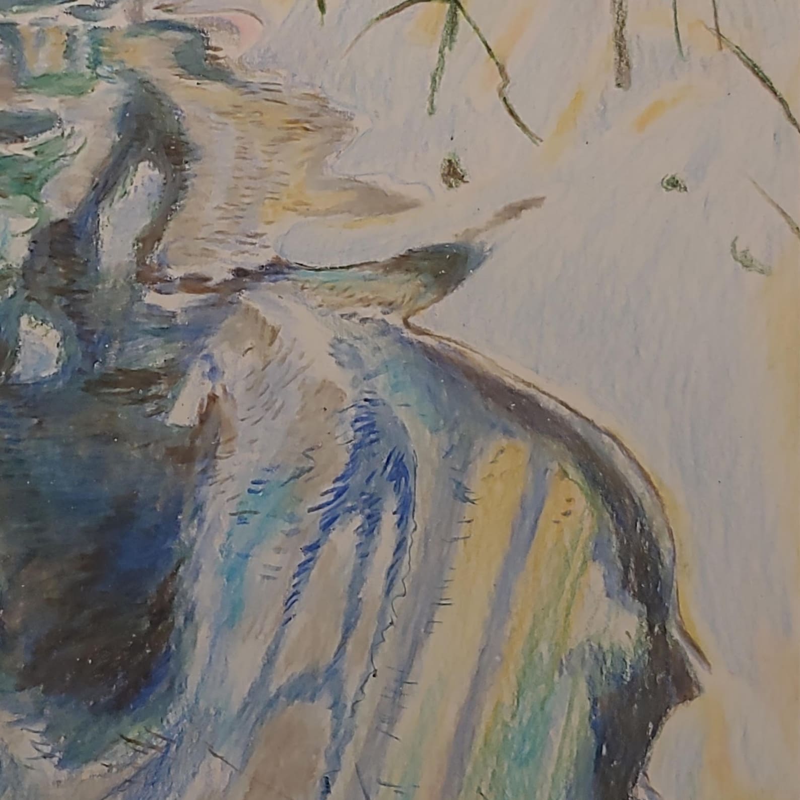 Original Pencil Crayon Art - Partially Frozen Winter Creek in Snowy ...