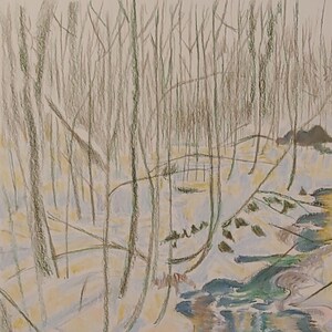 Original Pencil Crayon Art - Partially Frozen Winter Creek in Snowy ...