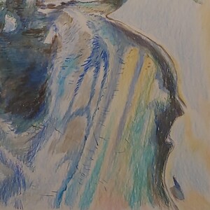 Original Pencil Crayon Art - Partially Frozen Winter Creek in Snowy ...