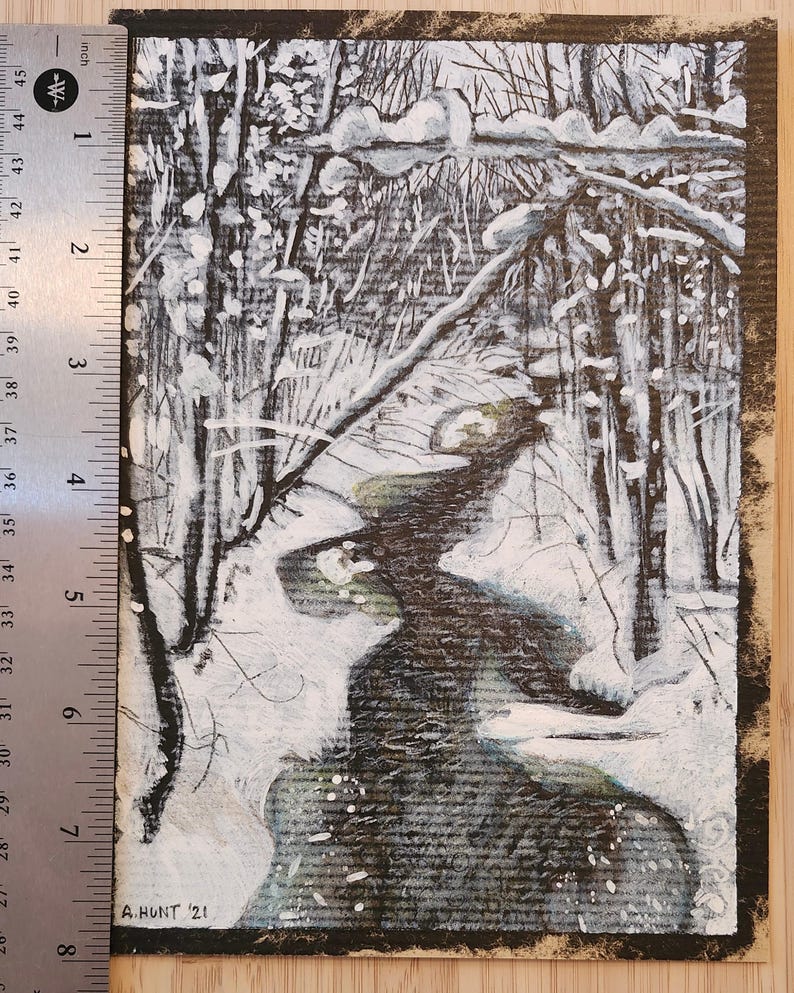 Original Pencil Drawing on Black Paper – Early Winter Creek With First ...