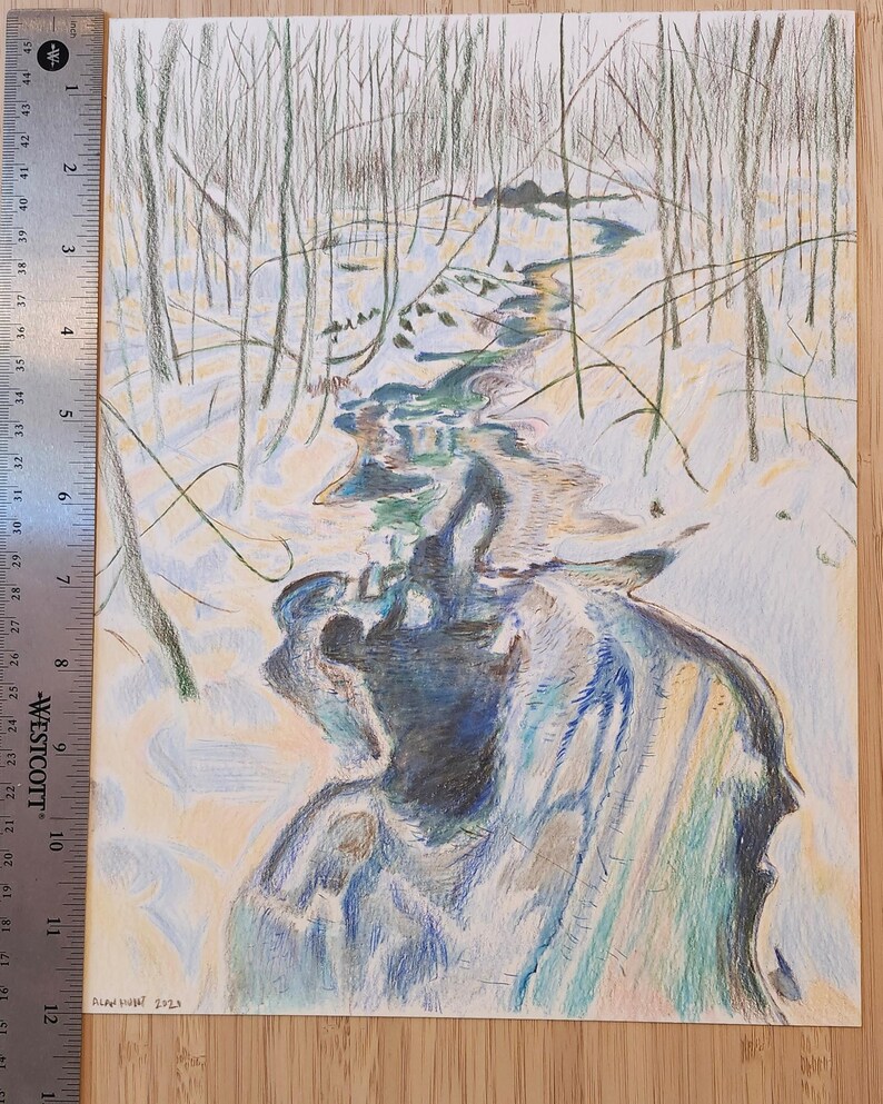 Original Pencil Crayon Art - Partially Frozen Winter Creek in Snowy ...