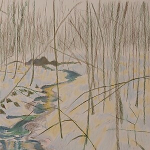 Original Pencil Crayon Art - Partially Frozen Winter Creek in Snowy ...