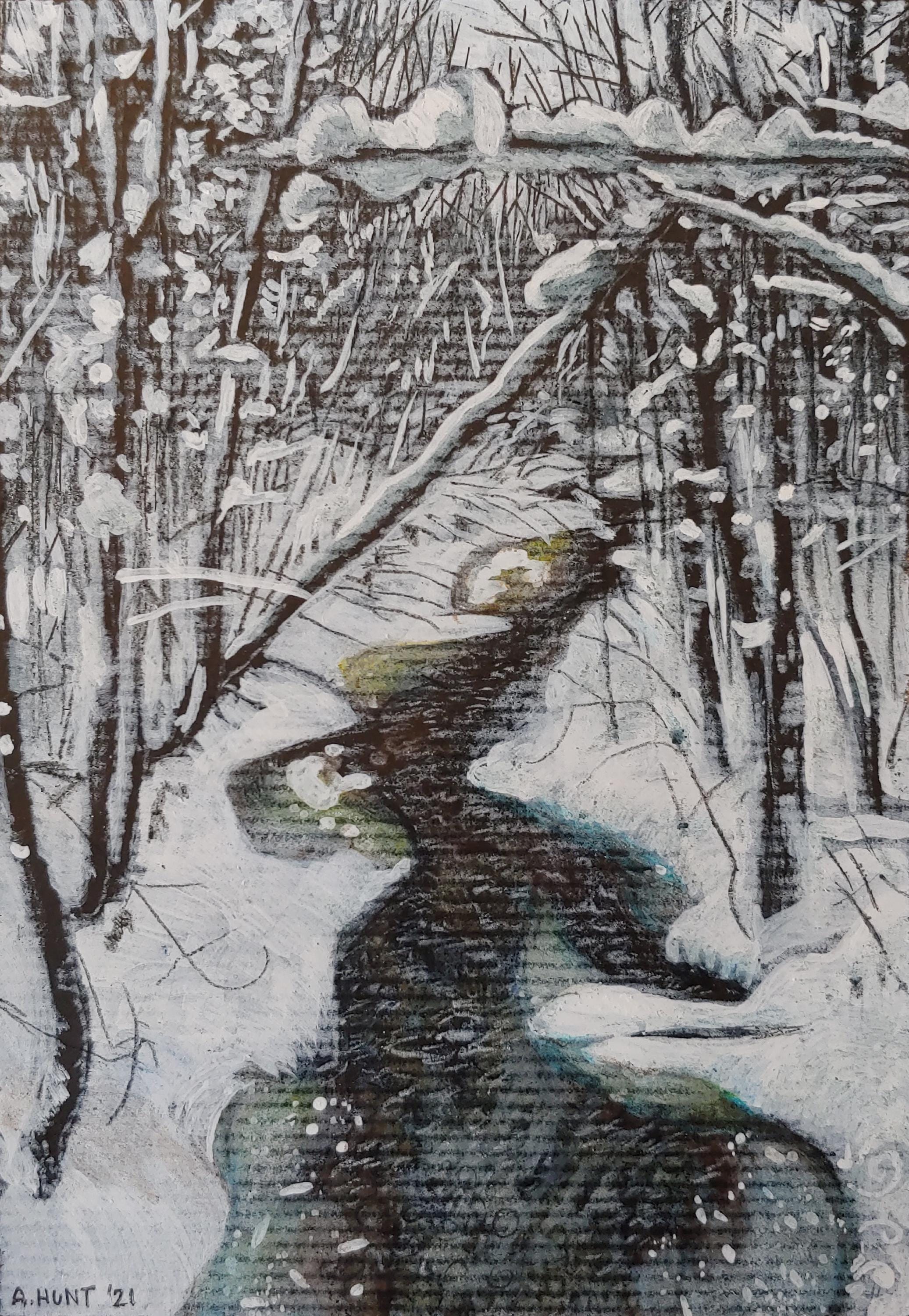 Original Pencil Drawing on Black Paper – Early Winter Creek With First ...