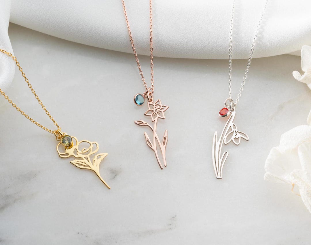 Birth Flower and Birthstone Necklace, Silver Floral and Stone Jewelry ...