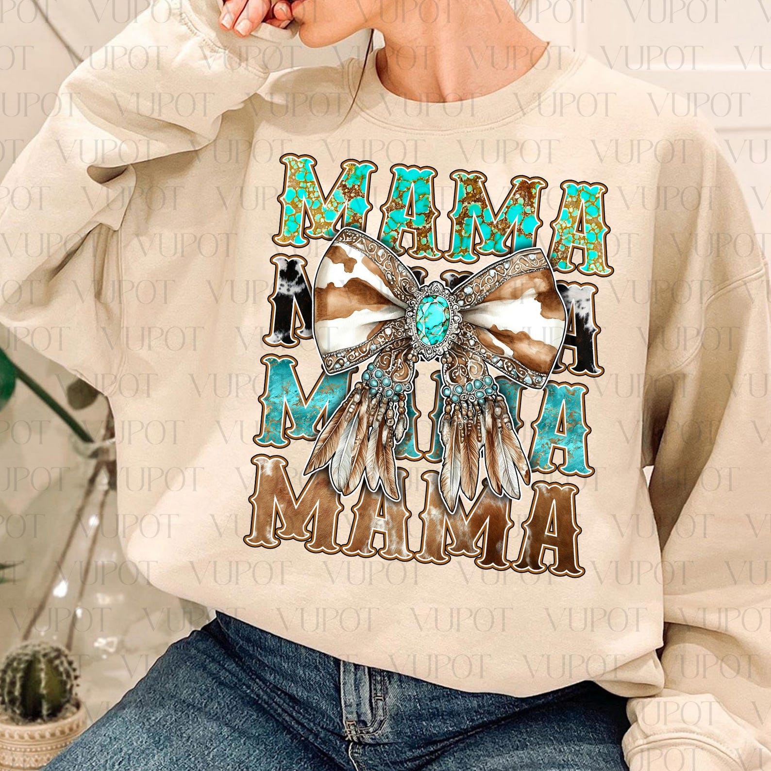 Howdy Mom Bow Png, Retro Western Mama Png, Brown and Turquoise Cowhide ...