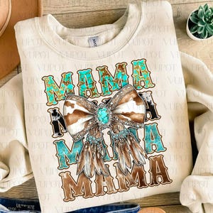 Howdy Mom Bow Png, Retro Western Mama Png, Brown and Turquoise Cowhide ...