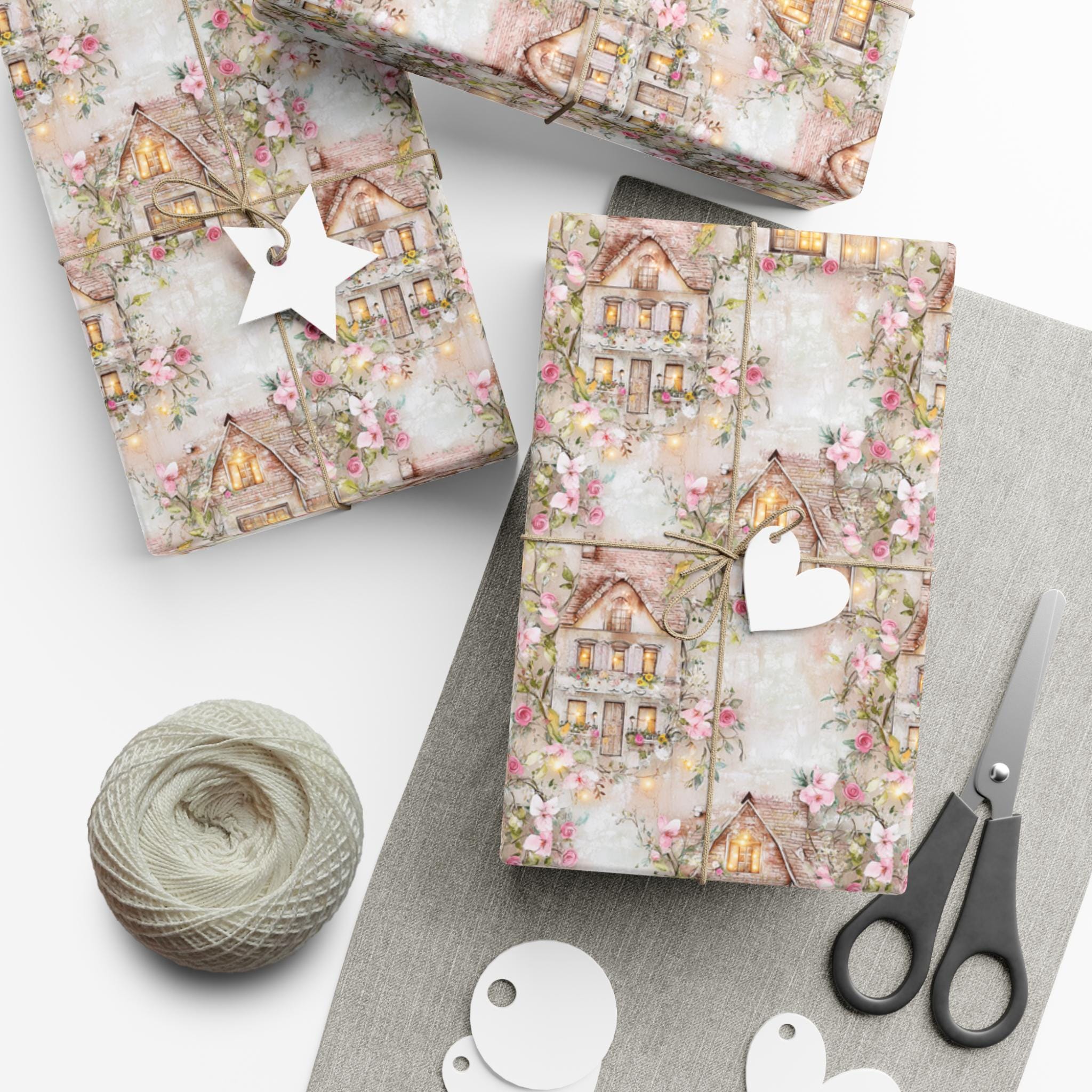 Cottage Houses Design Wrapping Paper, Valentine's Day, Birthdays ...