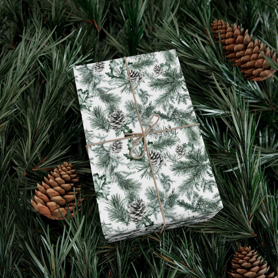 Christmas Botanical Wrapping Paper, Cottagecore Pine Cone Branches ...