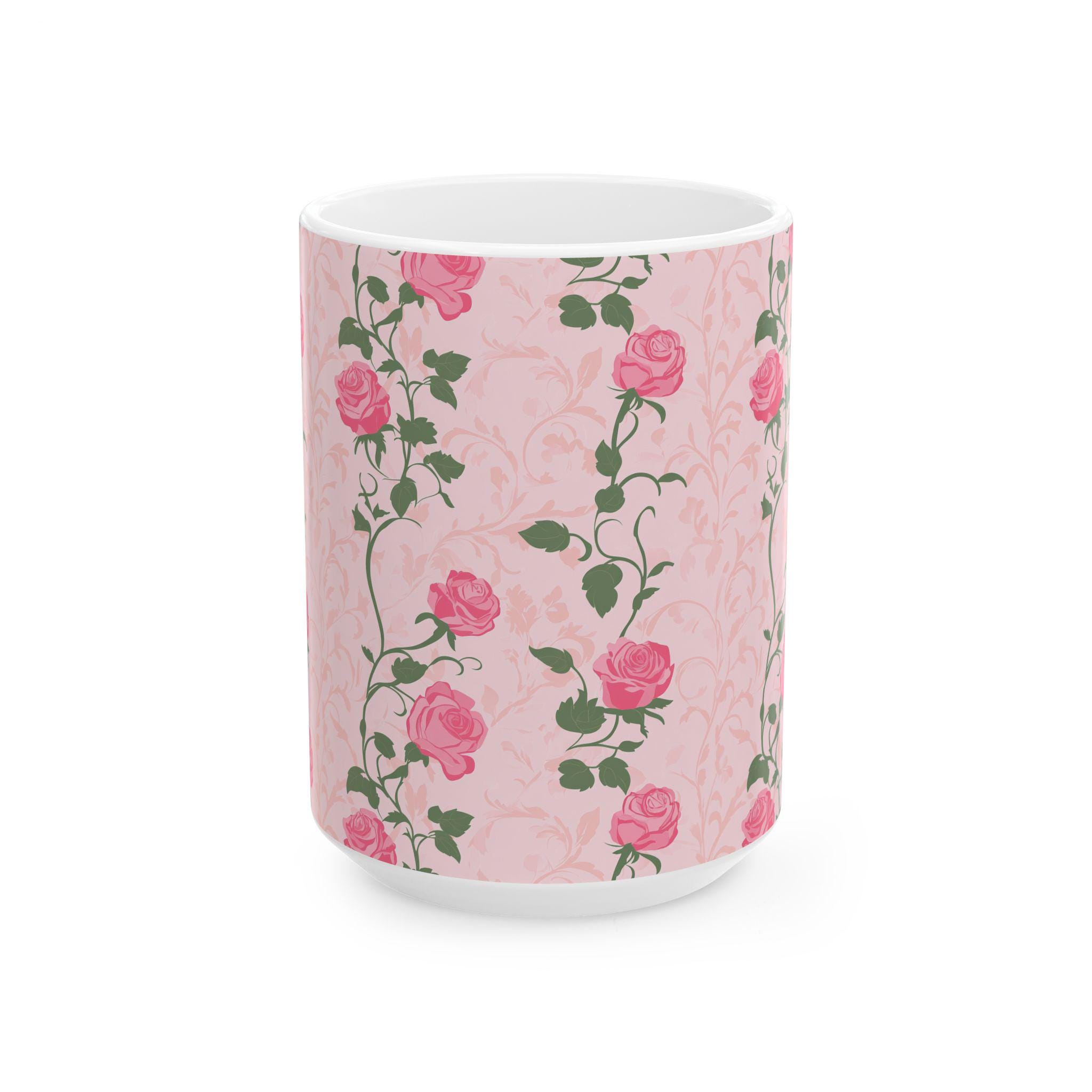 Floral Roses Vines Mug With Damask Design Shabby Chic Coffee Cup Tea ...