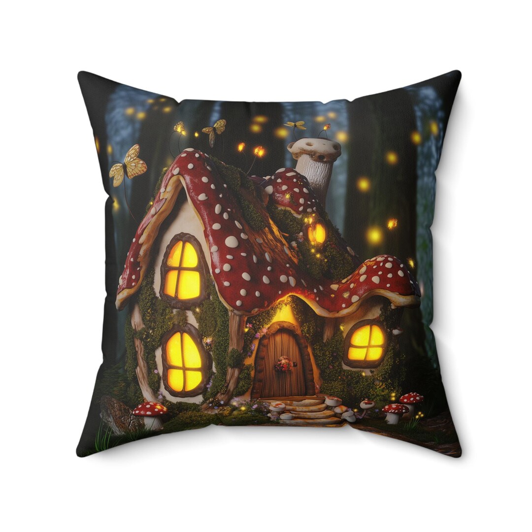 Forest Fairy Mushroom Miniature House, Faux Suede Pillow, Fireflies ...