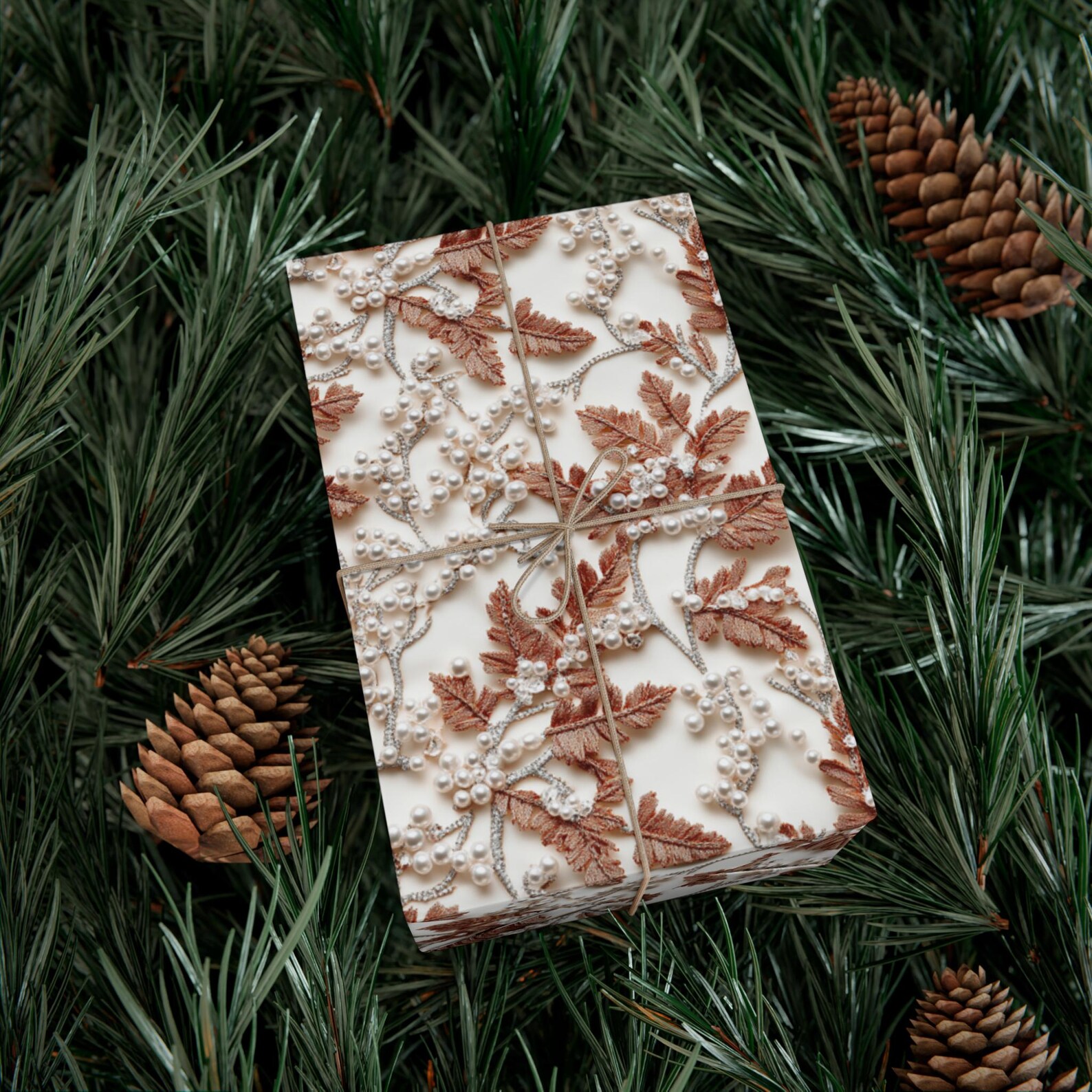 Botanical Embroidered Texture Effect Wrapping Paper, Pine Tree Leaves ...