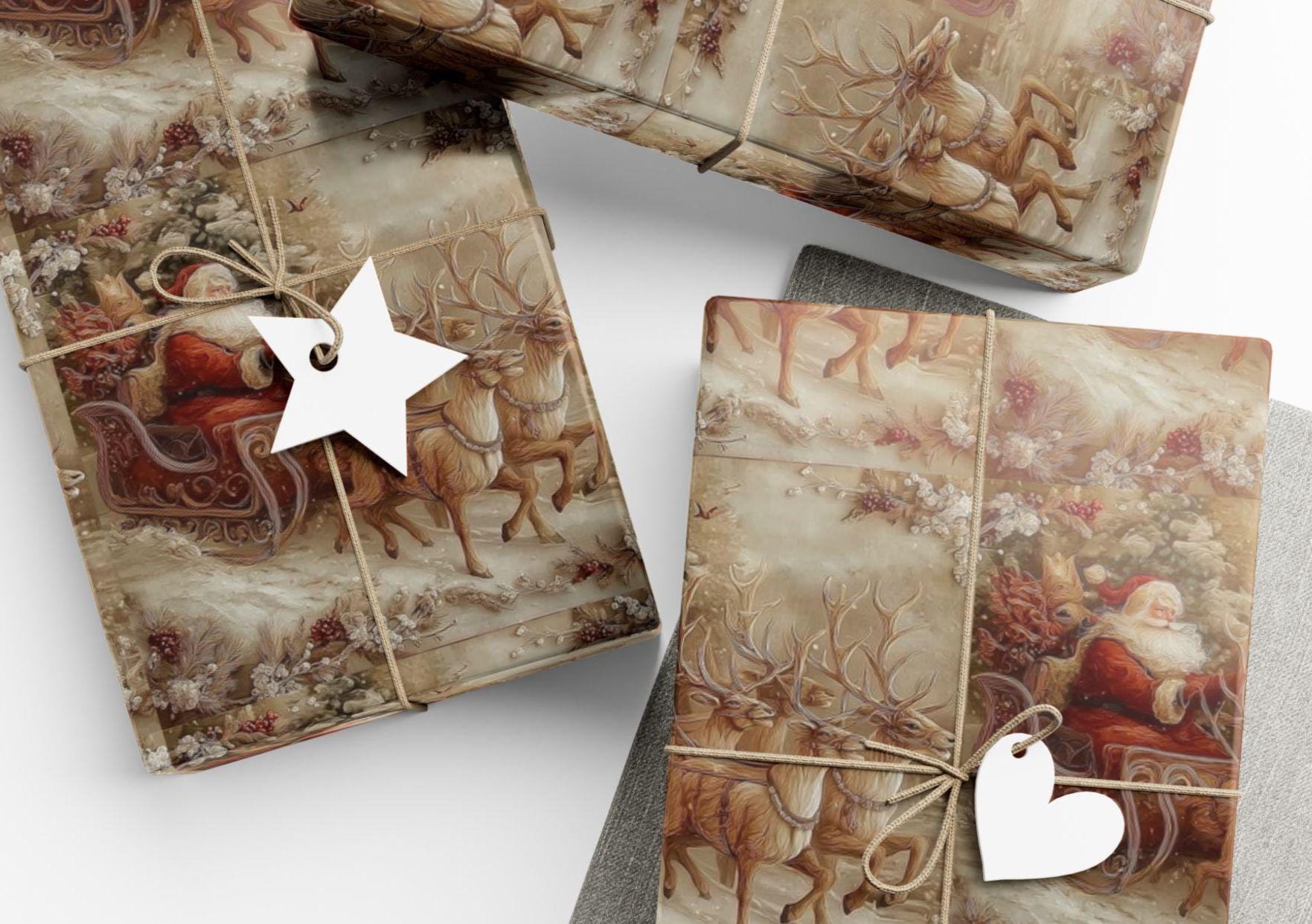 Santa Gift Wrap, Reindeer Sleigh Santa, Rustic Christmas, Vintage Gift ...