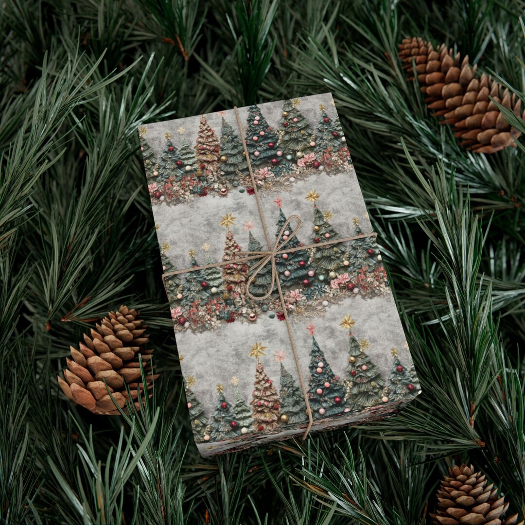 Christmas Trees Wrapping Paper, Shabby Chic 3D Effect Embroidery ...