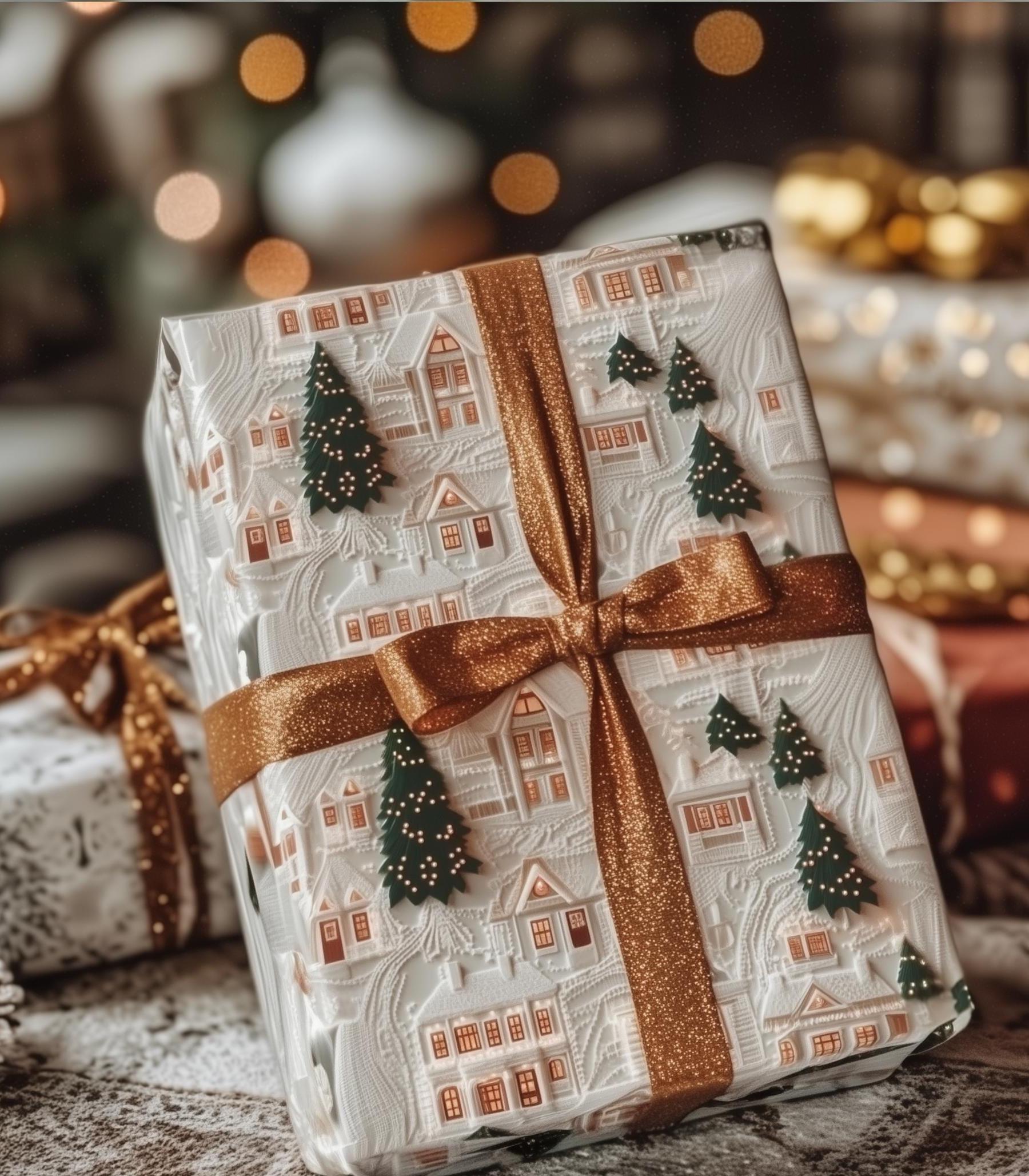 Toile Embroidery Effect Christmas Village Wrapping Paper, Cozy ...