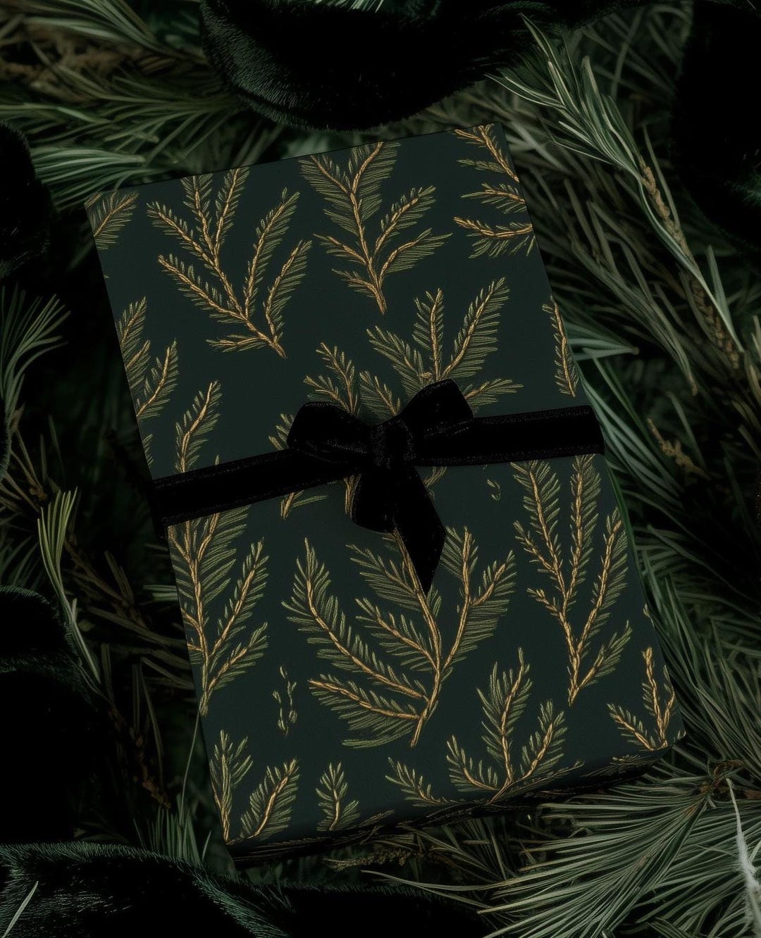 Christmas Gift Wrap Botanical Greenery Elegant Dark Green Wrapping ...