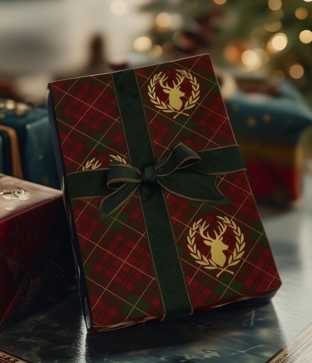 Reindeer Christmas Gift Wrap, Reindeer Motif, Wreath Design, Holiday ...