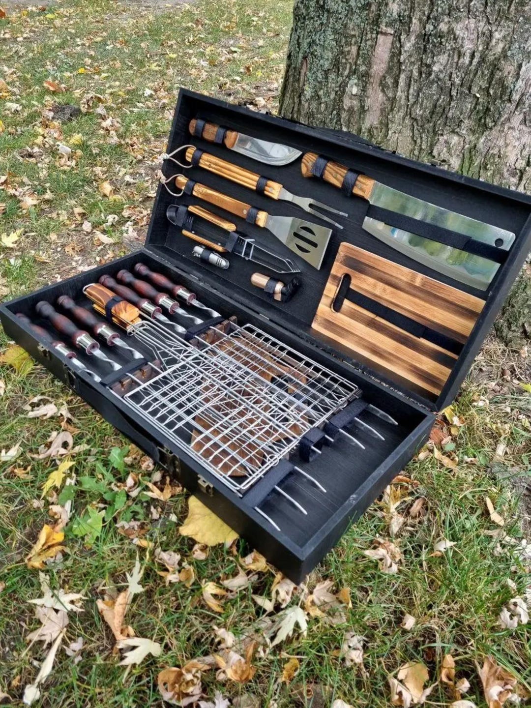 Premium BBQ Grill Set With Skewers, Knife, Grilling Tools, and Wooden ...