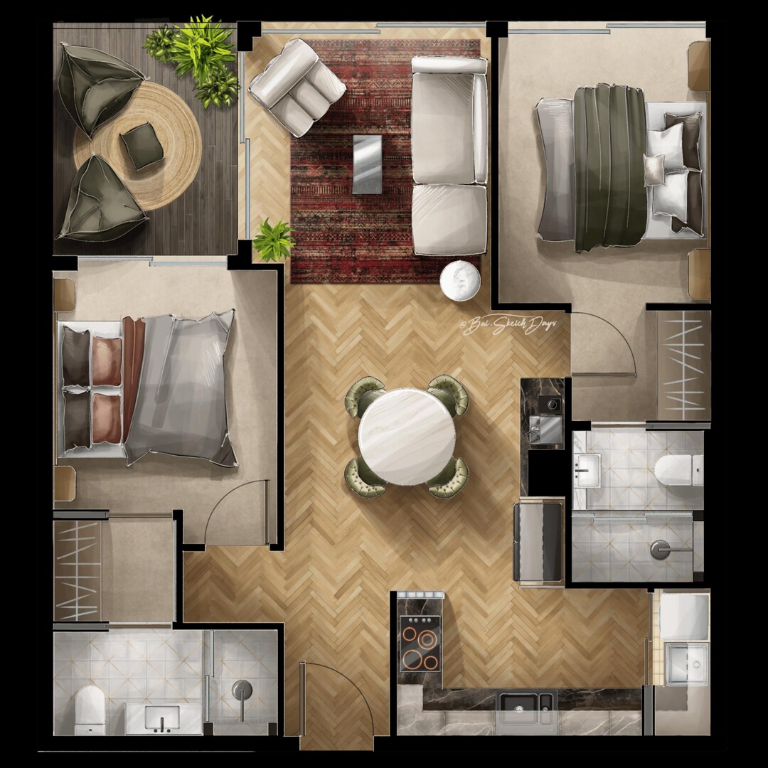 Hand Drawn Sketch 2D Floor Plan Interior Rendering 3D Illustration - Etsy