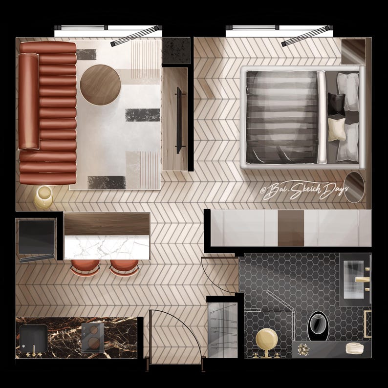 Hand Drawn Sketch 2D Floor Plan Interior Rendering 3D Illustration - Etsy