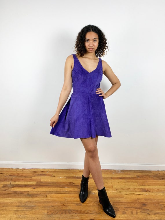 Vintage 80s Leather Dress / Purple Suede Leather Dres… - Gem