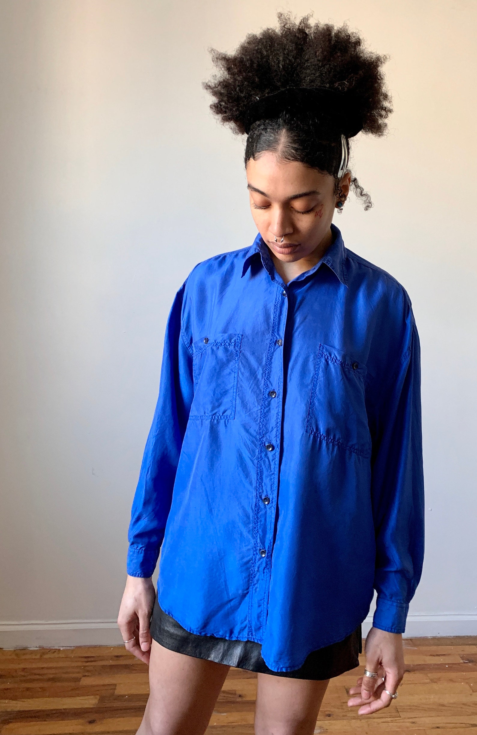 Vintage 90s Silk Blouse / Washed Silk Button Up / Blue Shirt | Etsy