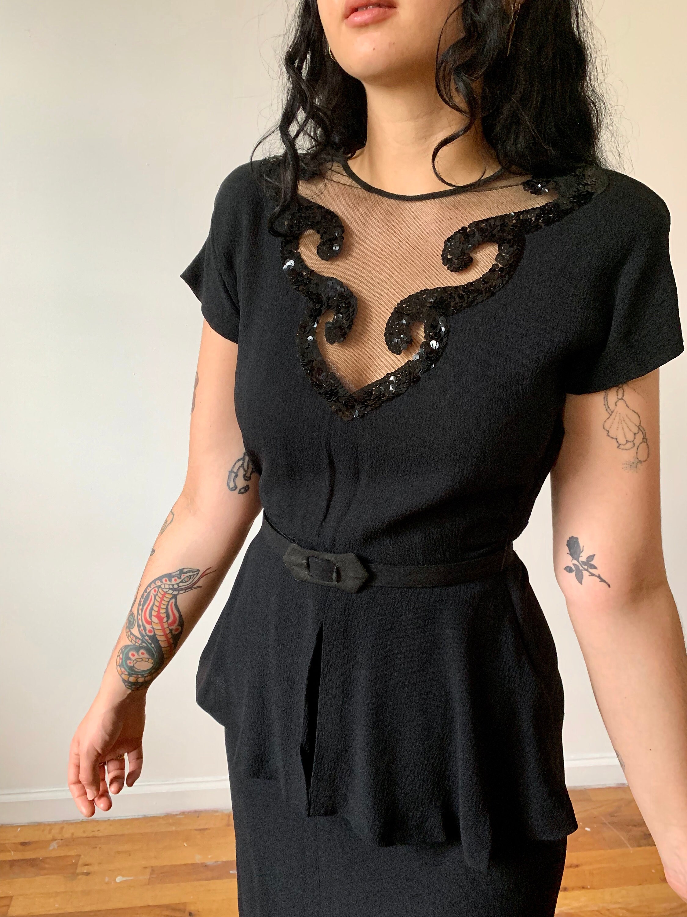 Vintage 40s Swing Dress / 1940s Vintage Black Dress / 40s Crepe Sequin ...