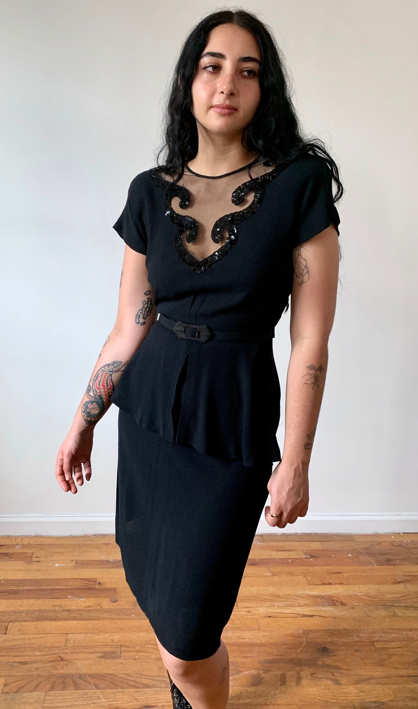 Vintage 40s Swing Dress / 1940s Vintage Black Dress / 40s Crepe Sequin ...