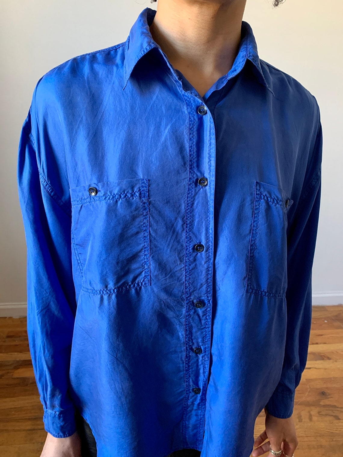 Vintage 90s Silk Blouse / Washed Silk Button Up / Blue Shirt | Etsy