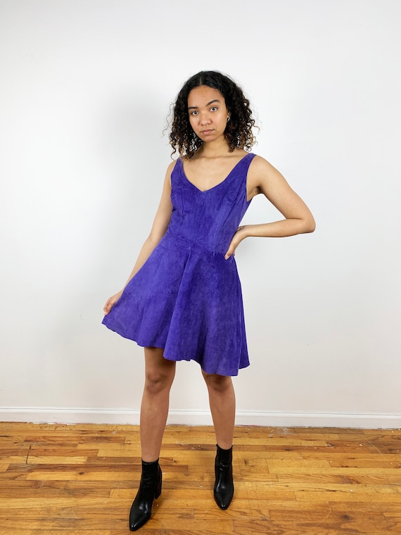 Vintage 80s Leather Dress / Purple Suede Leather Dres… - Gem