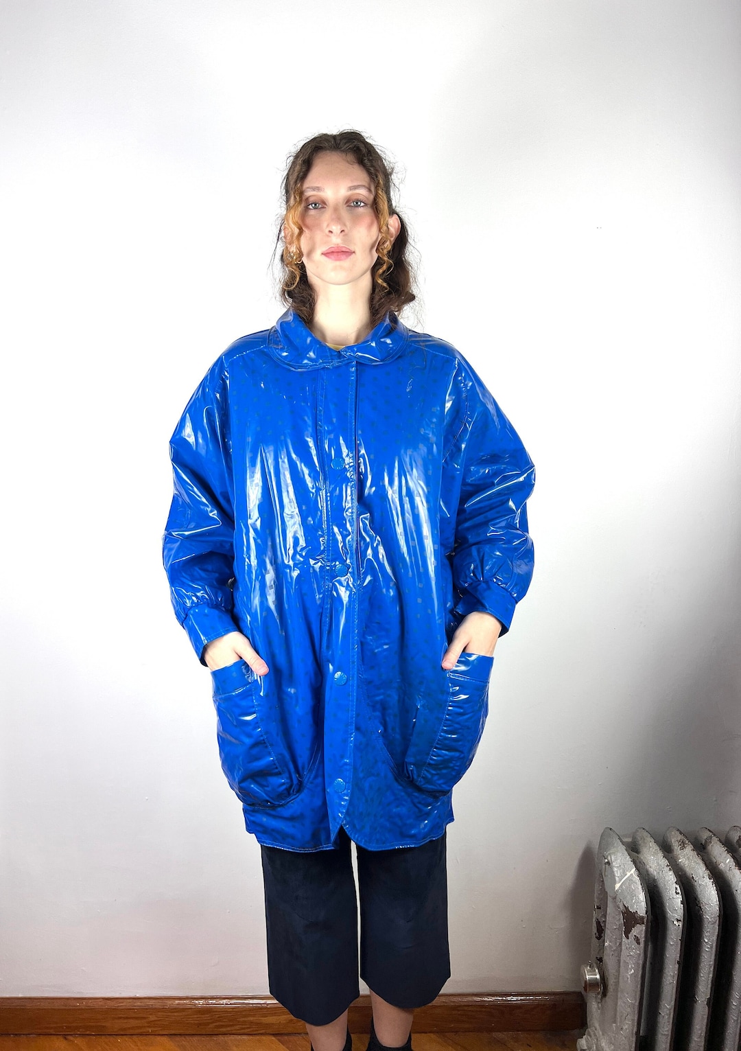 Vintage 80s Raincoat / Padded Puffer Blue Vinyl Rain Jacket / Square ...