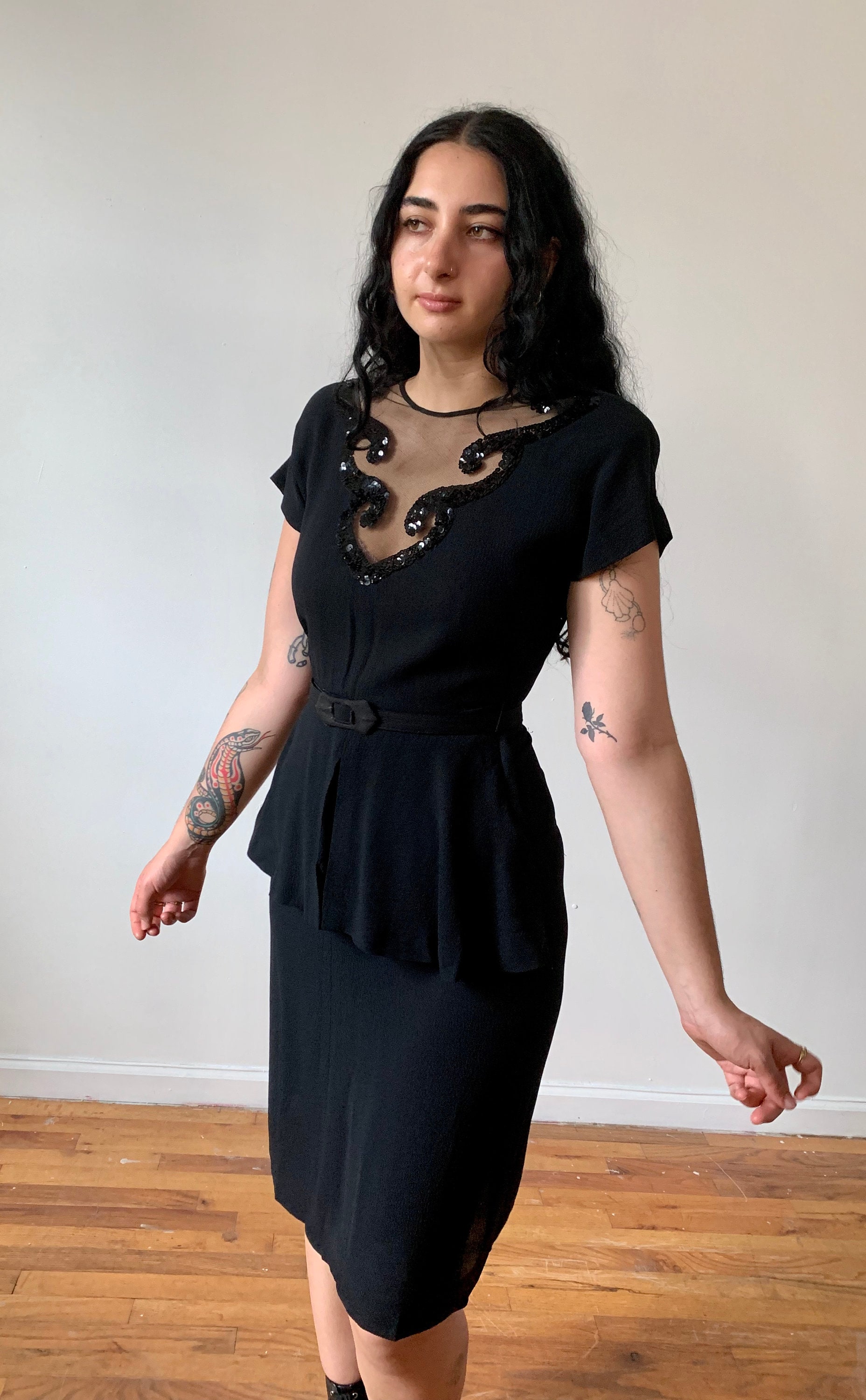 Vintage 40s Swing Dress / 1940s Vintage Black Dress / 40s Crepe Sequin ...