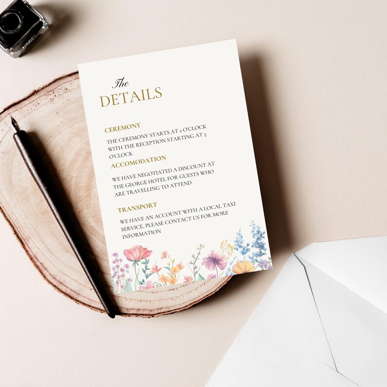 Wildflower Wedding Details Card Template, Editable Download, Floral Enclosure Card, Botanical ...