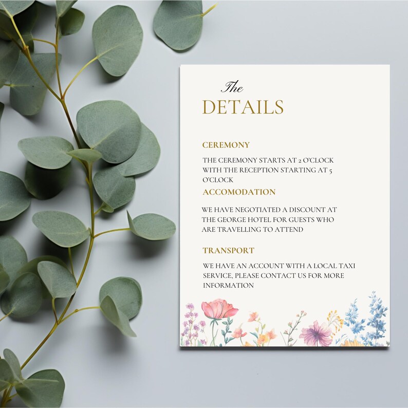Wildflower Wedding Details Card Template, Editable Download, Floral Enclosure Card, Botanical ...