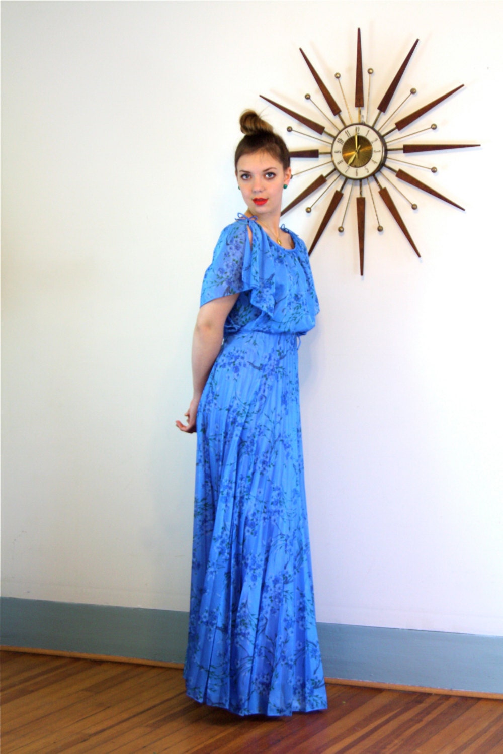 Vintage 1970s Tiered Maxi Dress Blue Floral Gypsy Boho Flutter Sleeve Pleated Full Skirt Hippie ...